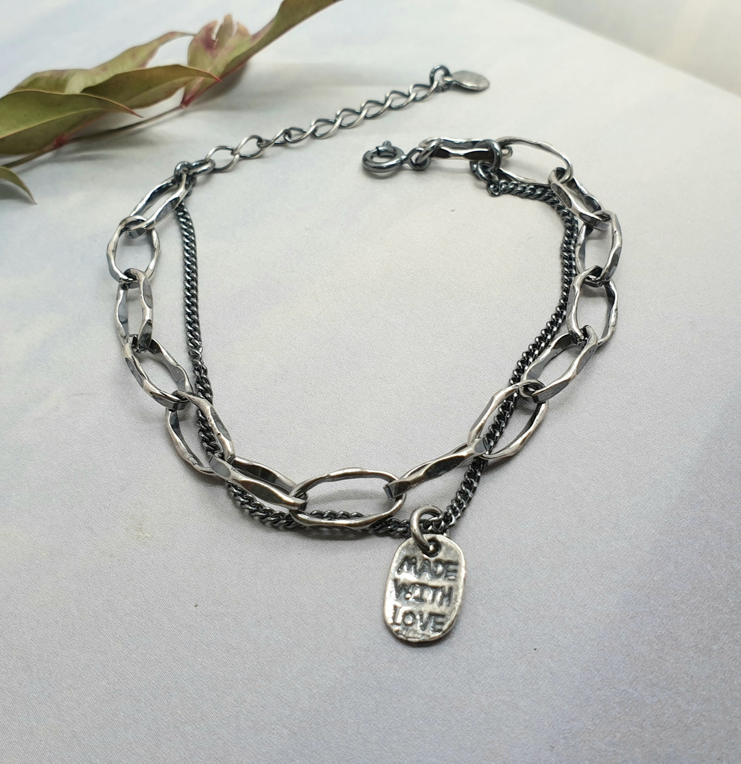 ‘Made with love’ antique silver layered chains bracelet | idus