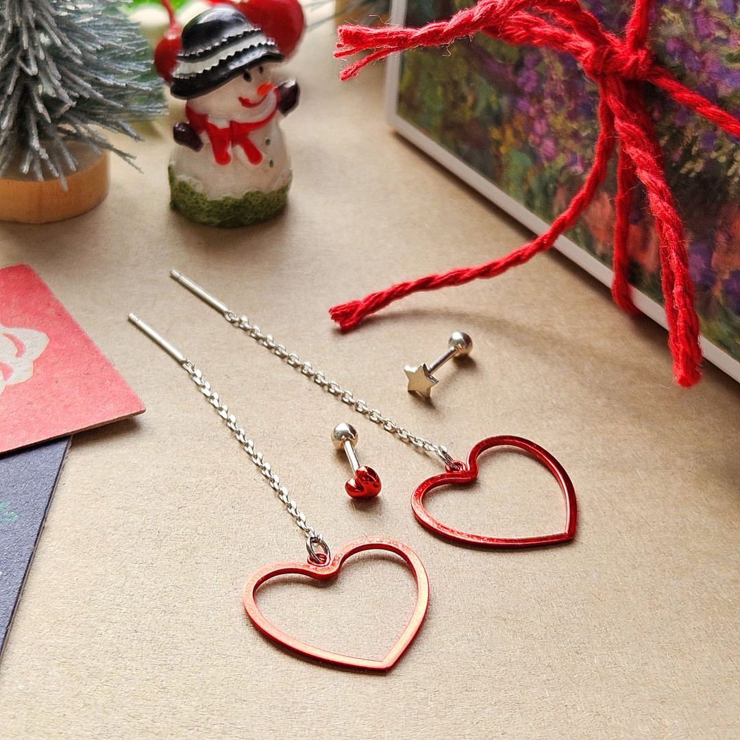 Christmas Home Party Gift Silve 925 Red Heart Drop Set of 4
