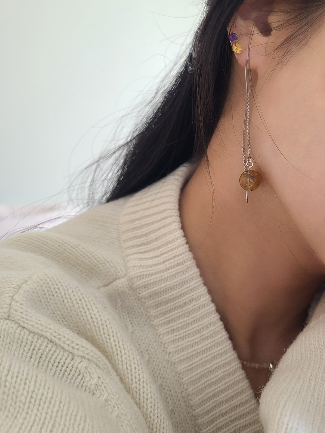Gild Topaz Citrine Gemstone Long Drop Silver Chain Earring