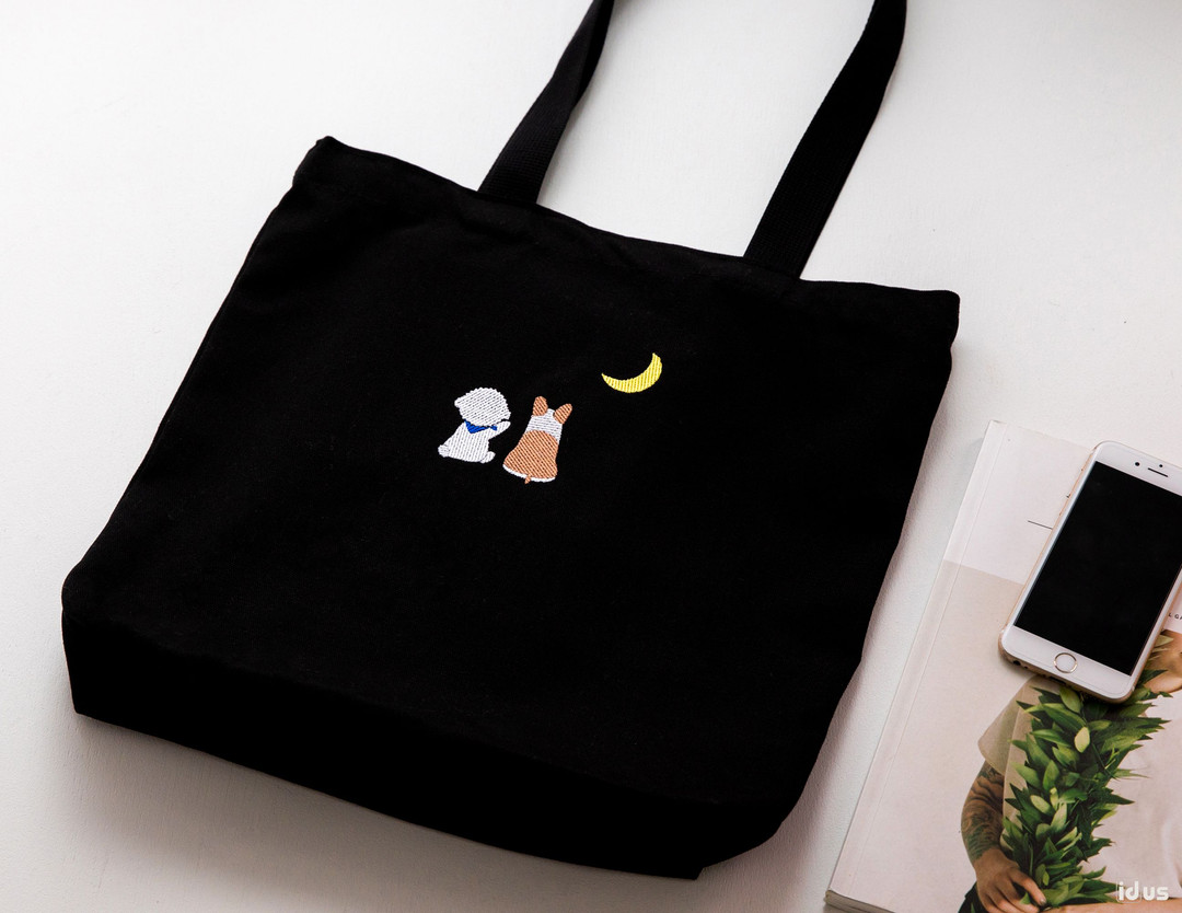 Bichon & Welsh corgi embroidered canvas bag (initials can be added upon request) | idus