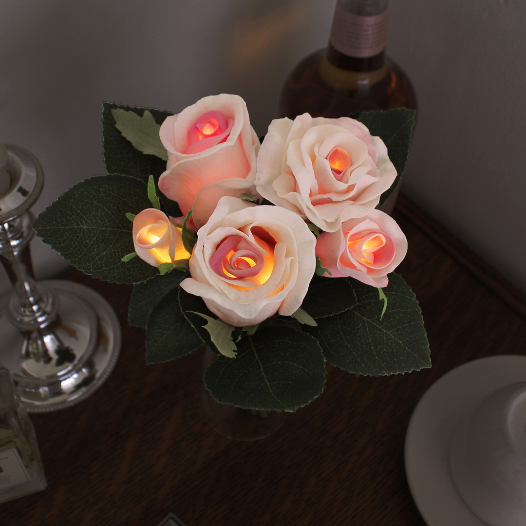 Real Touch Feeling Baby Pink Rose Flower 5pcs Bouquet LED Lights
