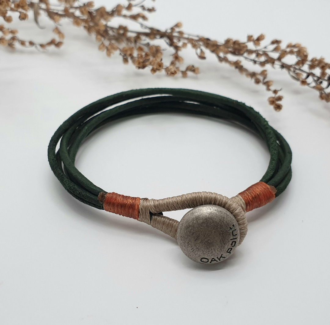 [5colors] Matte antique silver button with 5-lines leather string ...