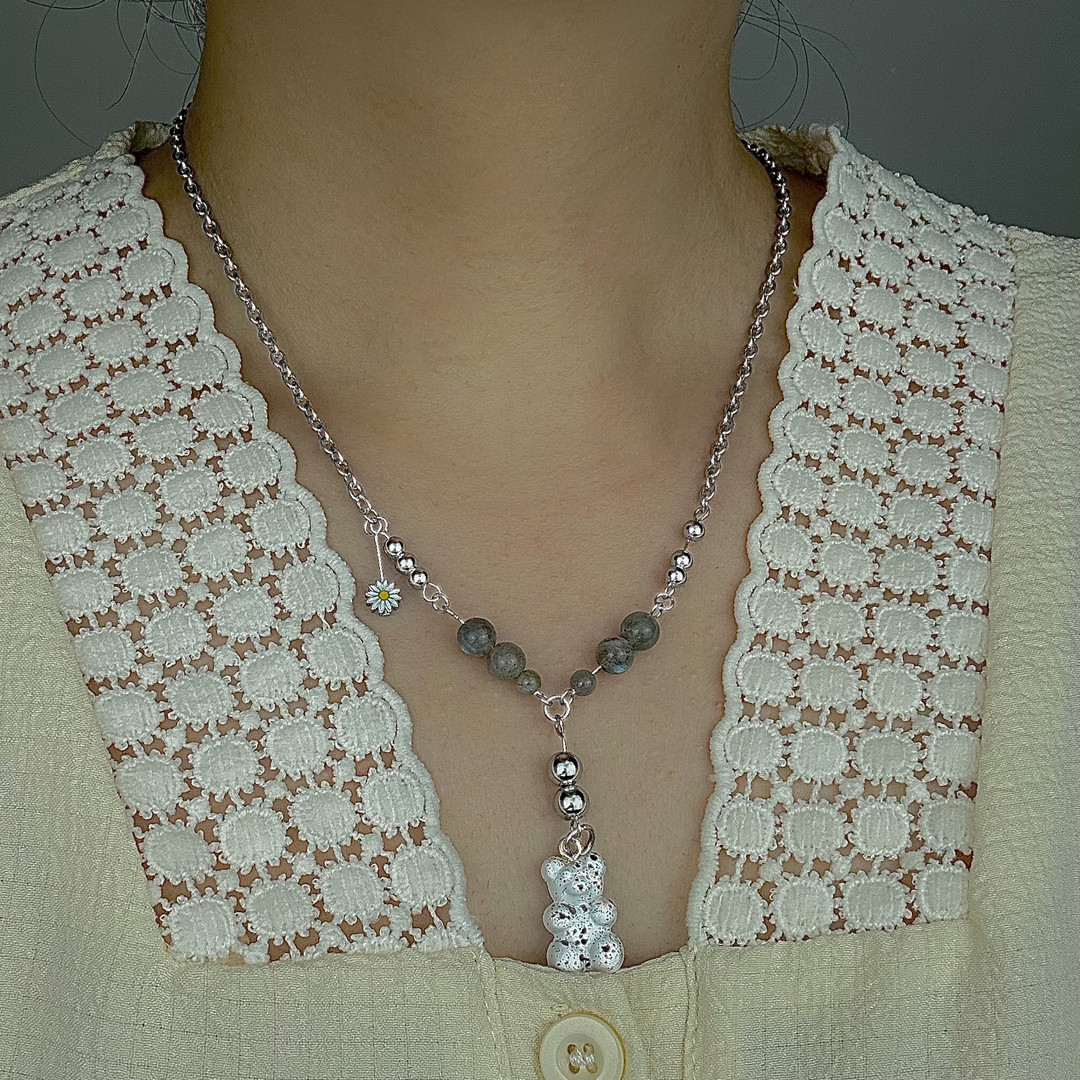 Labradorite Gemstone Painting Bear Unique Surgical Steel Necklace-flower ver. | idus