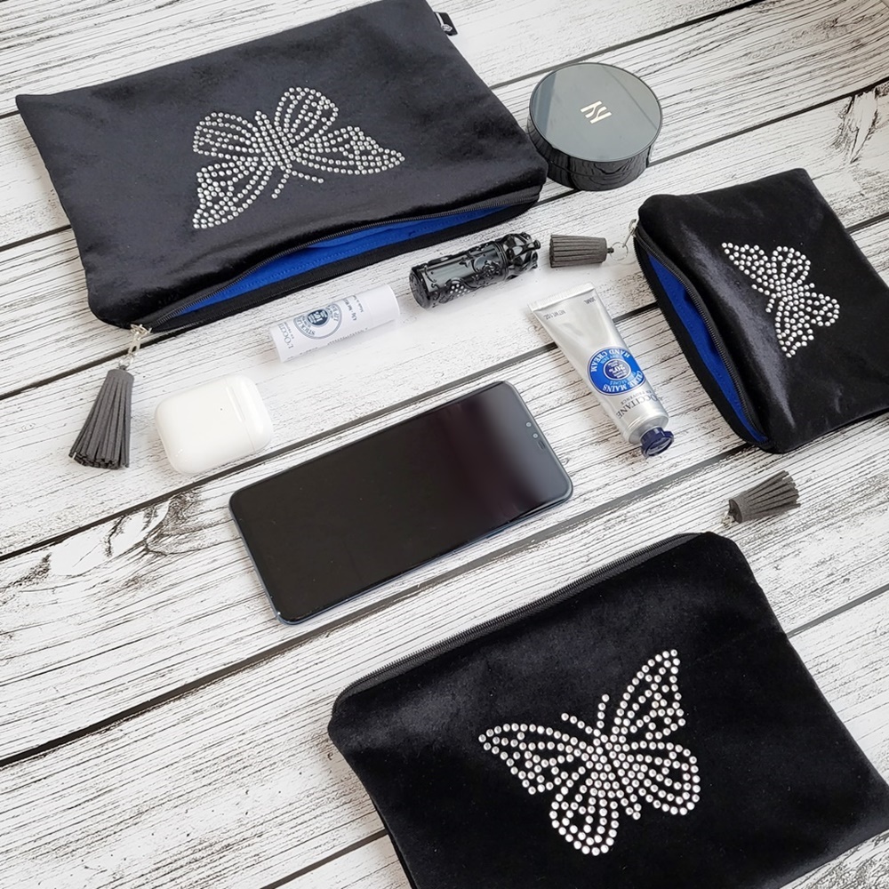 Velvet Butterfly hotfix, fabric pouch Homemade Cosmetic zipper travel 3 ...