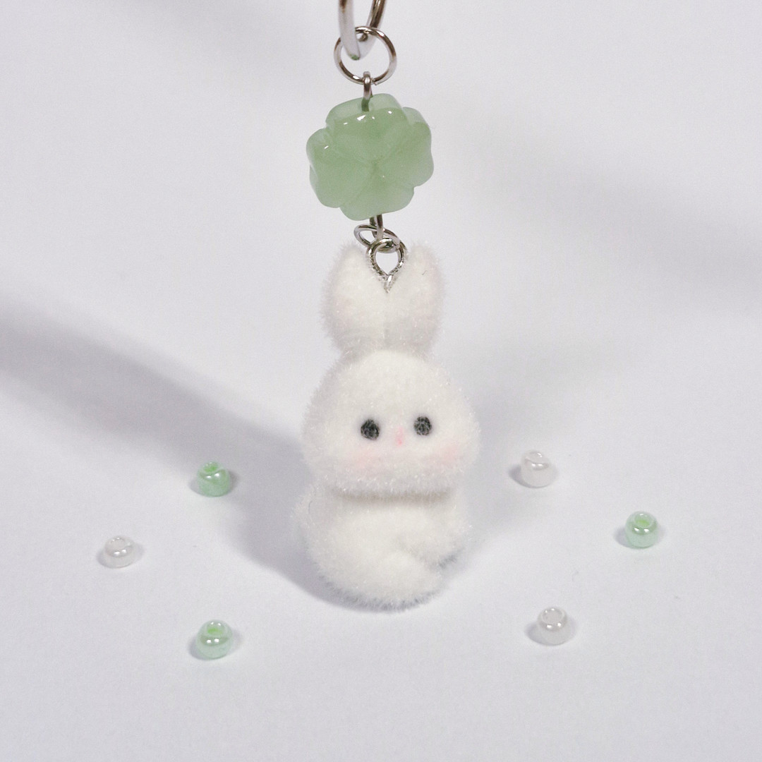Fluffy Flocking White Bunny Keyring | idus