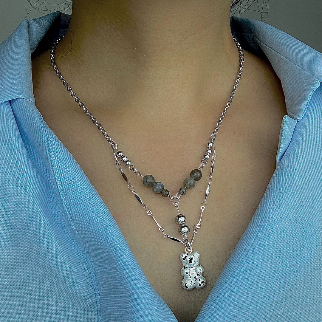 Labradorite Gemstone Painting Bear Unique Surgical Steel Necklace-mood ver. | idus