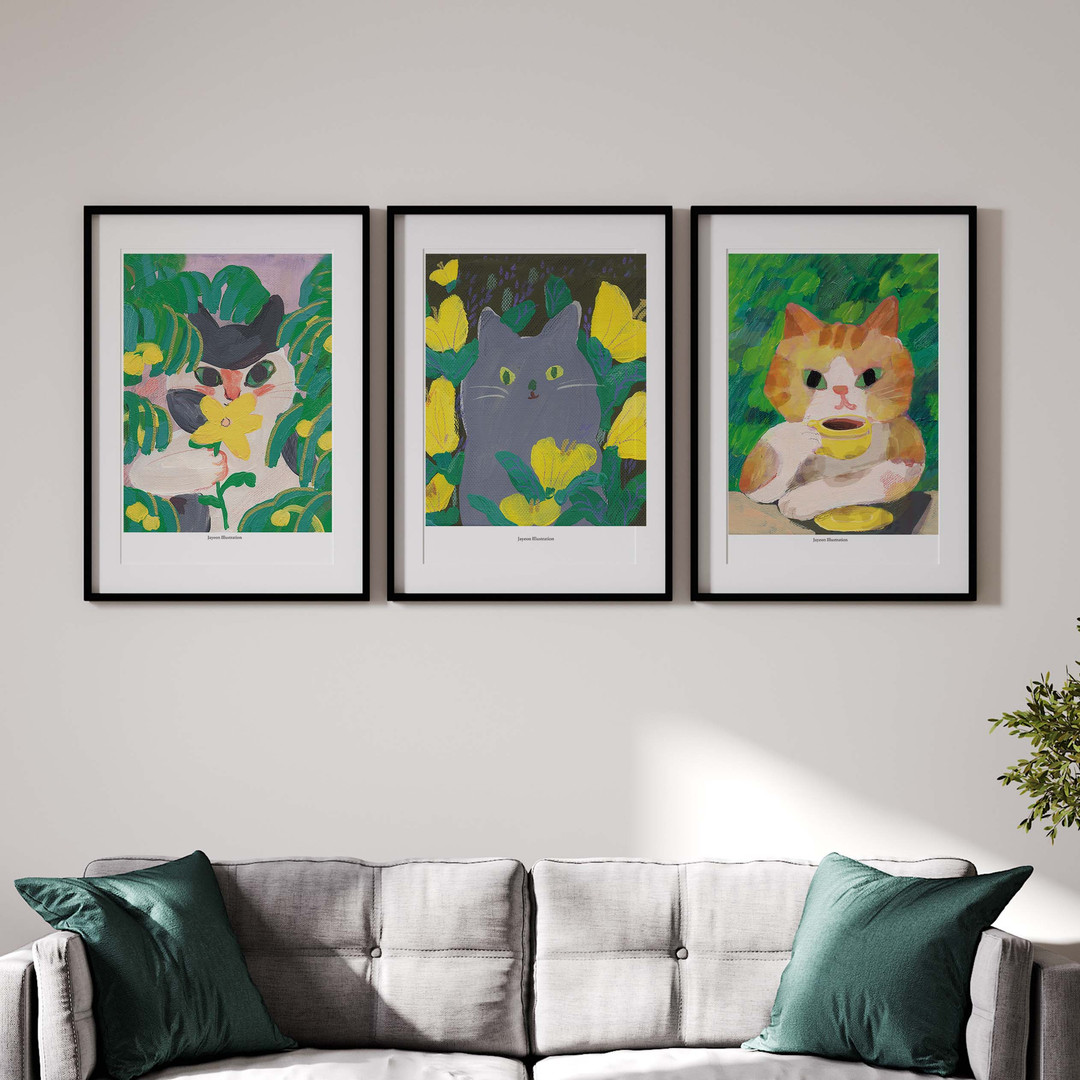 Three types of cat a3 art posters with green and yellow