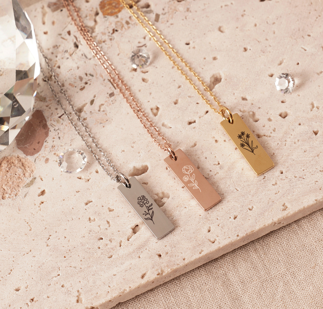 Birth flower initial engraving bar necklace friendship couple birthday present | idus