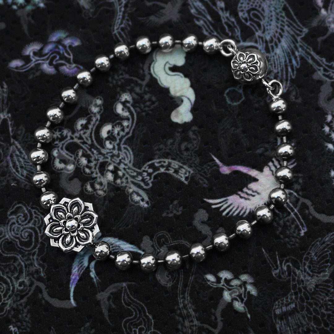 Korean traditional single Dancheong lotus pattern silver ball bracelet ...