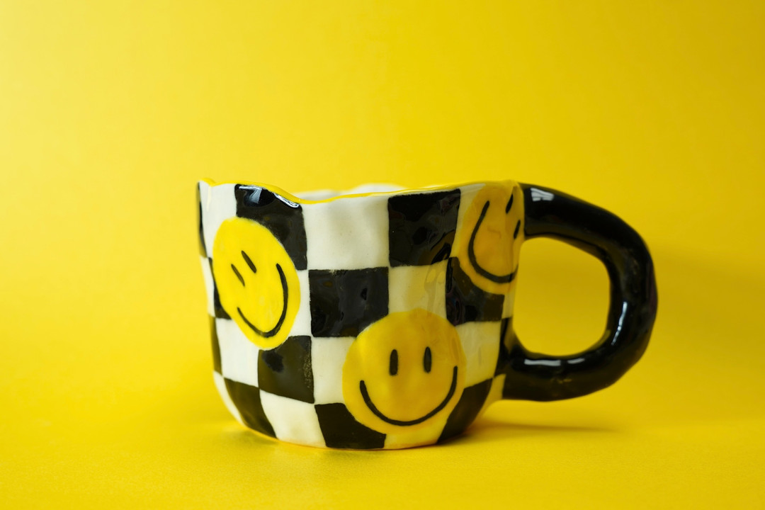 Obo-ye Handmade Ceramic Mug – Smile Checkered Design, Home Café Style ...