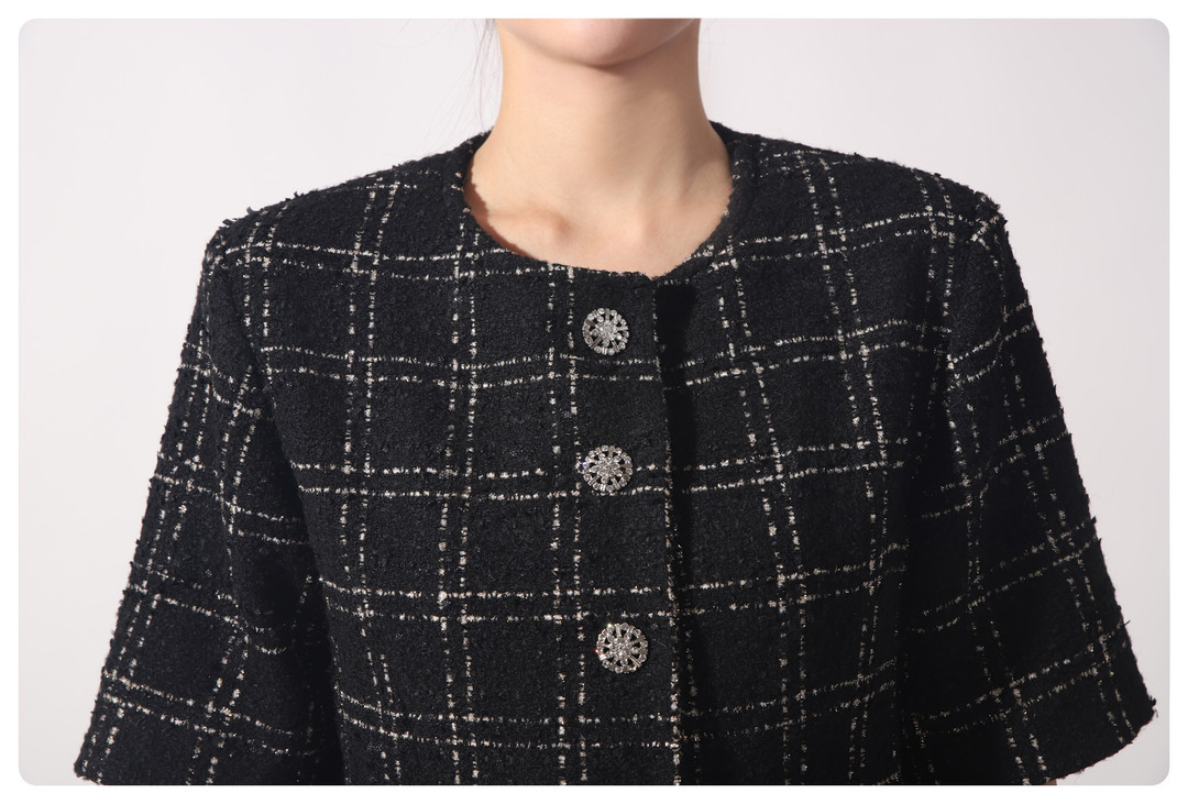 zdon classic checked wool tweed half sleeve one-piece dress black | idus