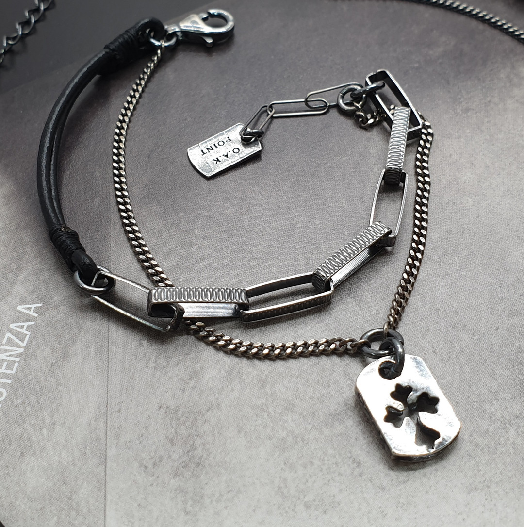Vintage silver square chain and black leather string bracelet | idus