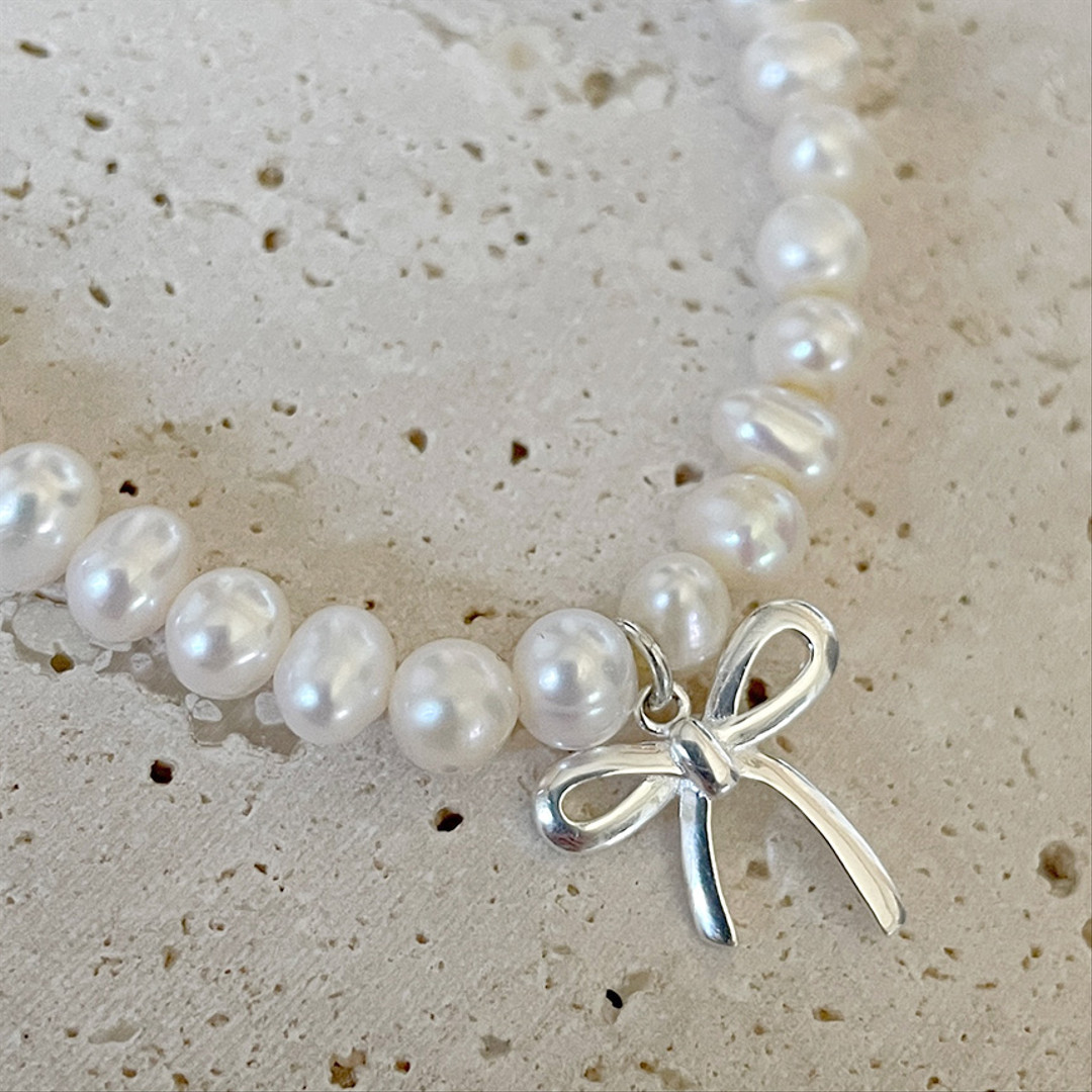 [925 Silver] Lindsay 6mm fresh water Pearl Ribbon Necklace