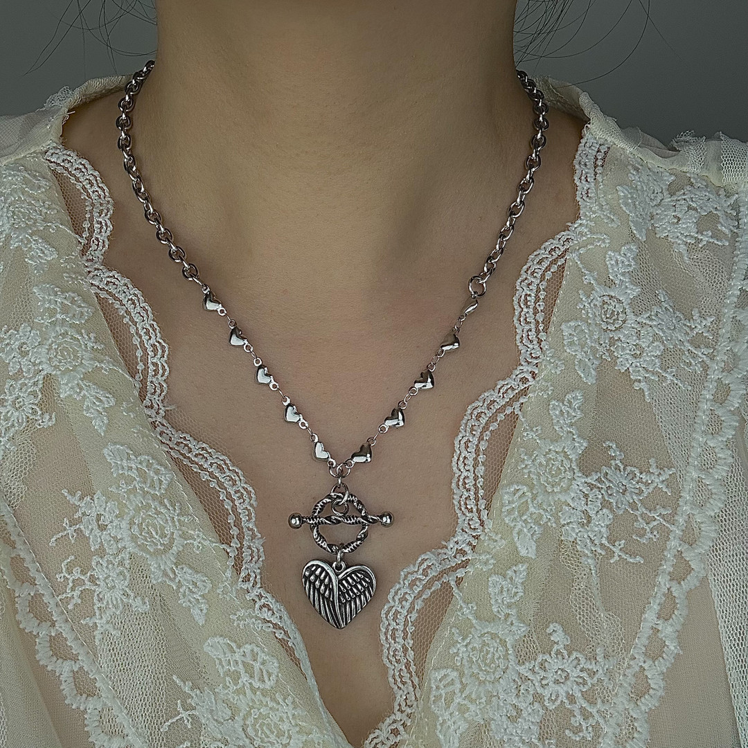 Angel Wings Heart Toggle Bar Surgical Steel Necklace