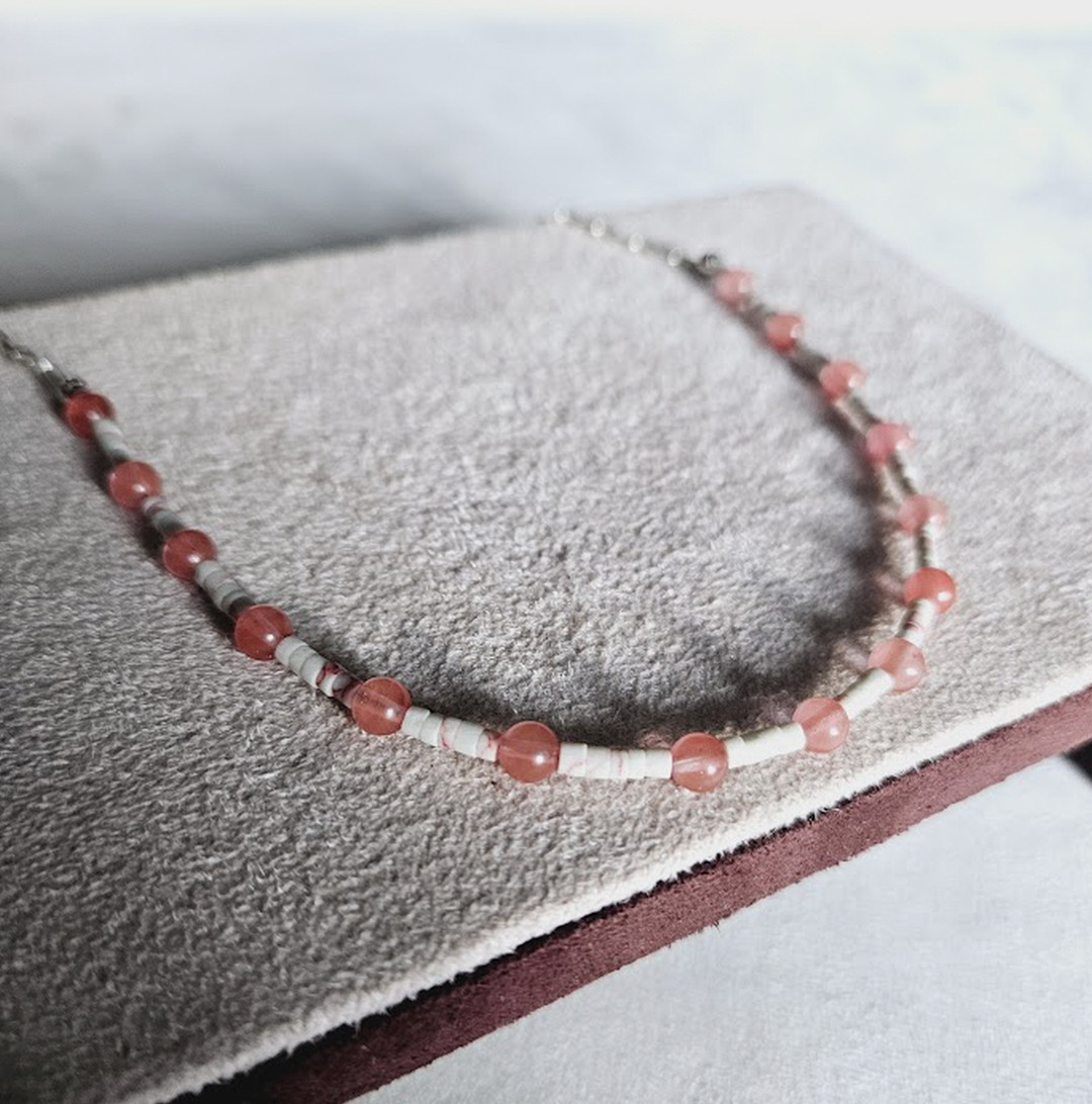 Inca Rose/Rhodochrosite, African glass beaded, Sterling silver chain ...