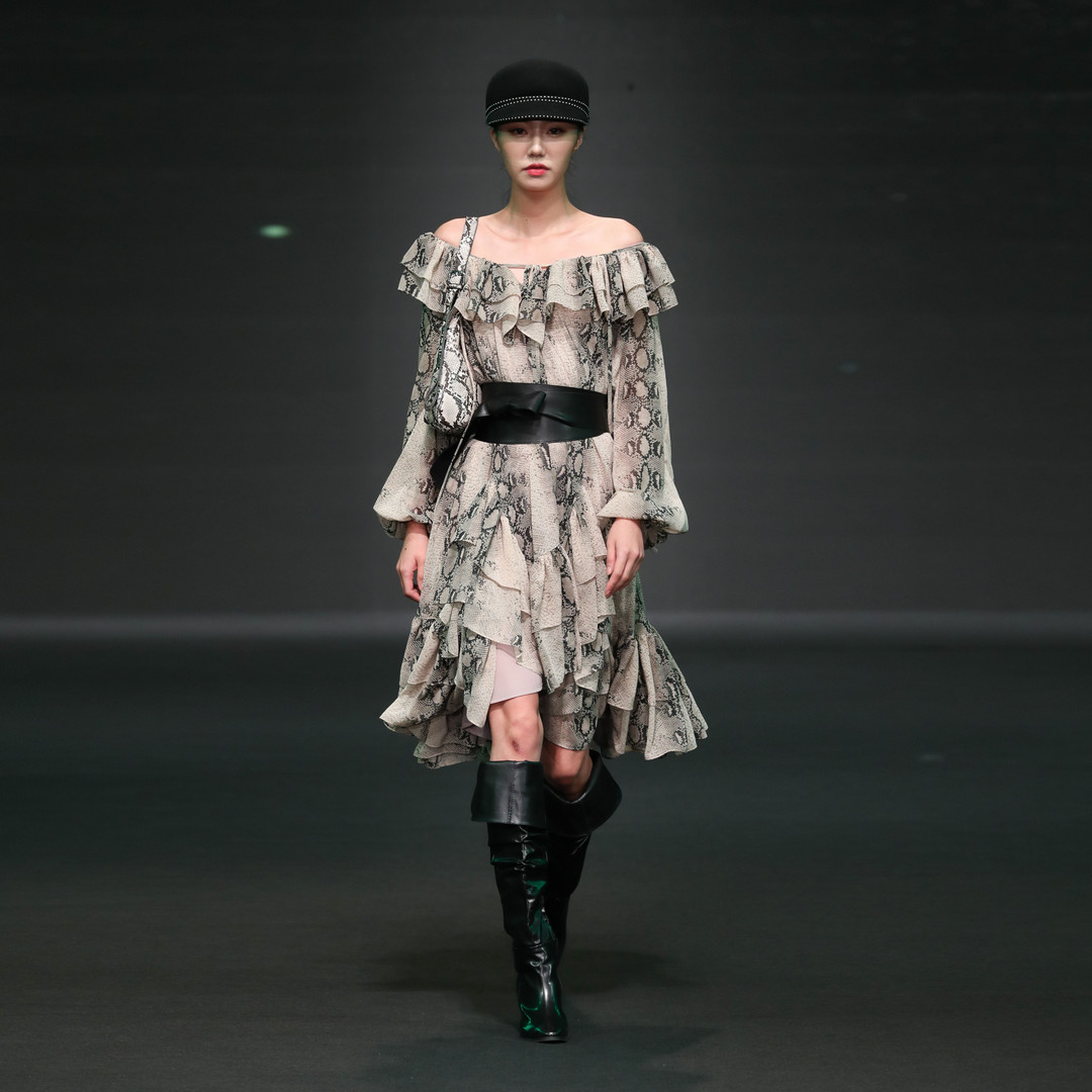 Python Animal Print Frill Shirring Cancan Tied Chiffon Off-Shoulder Dress