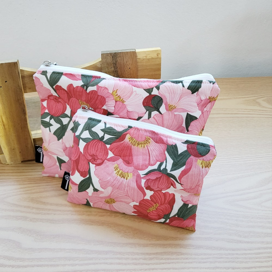 pink flower zip bag pouch cosmetic pouch, makeup fabric pouch, flower print bag | idus