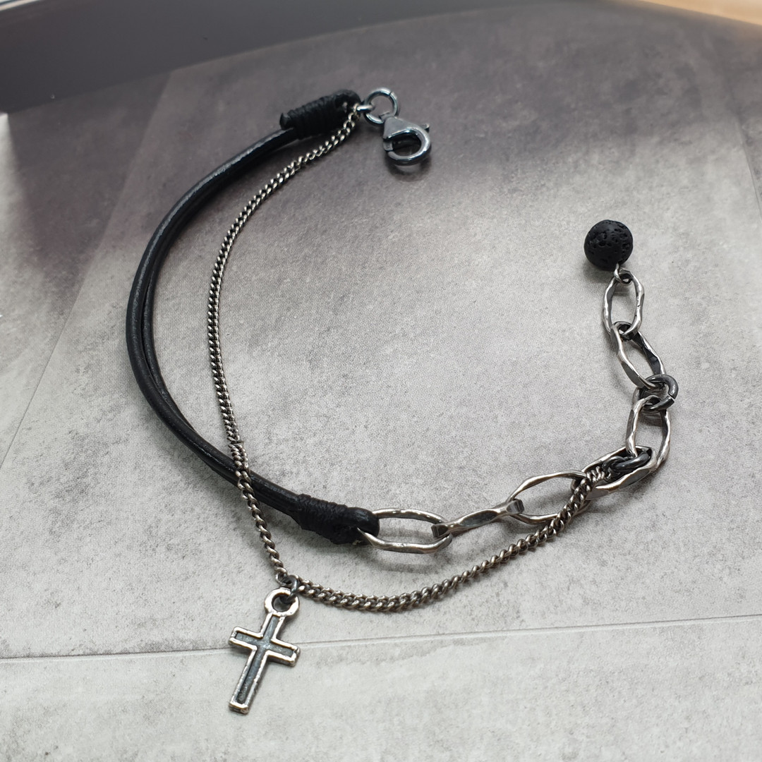 Layered bracelet/2type of strap : Silver chain with cross and half gloss leather | idus