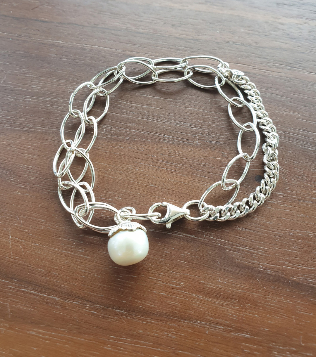 freshwater pearl sterling silver double chain bracelet | idus