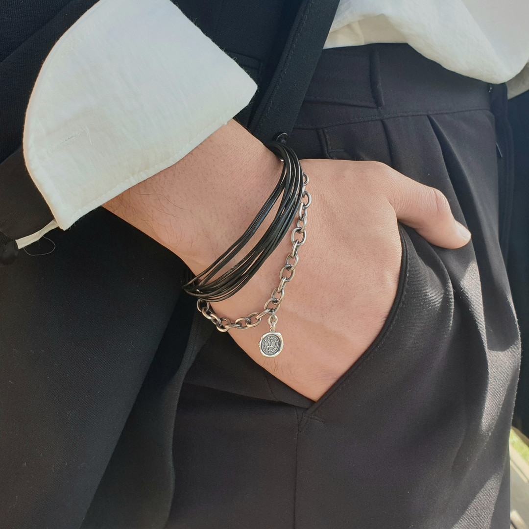 Coated natural leather and antique silver layered bracelet | idus