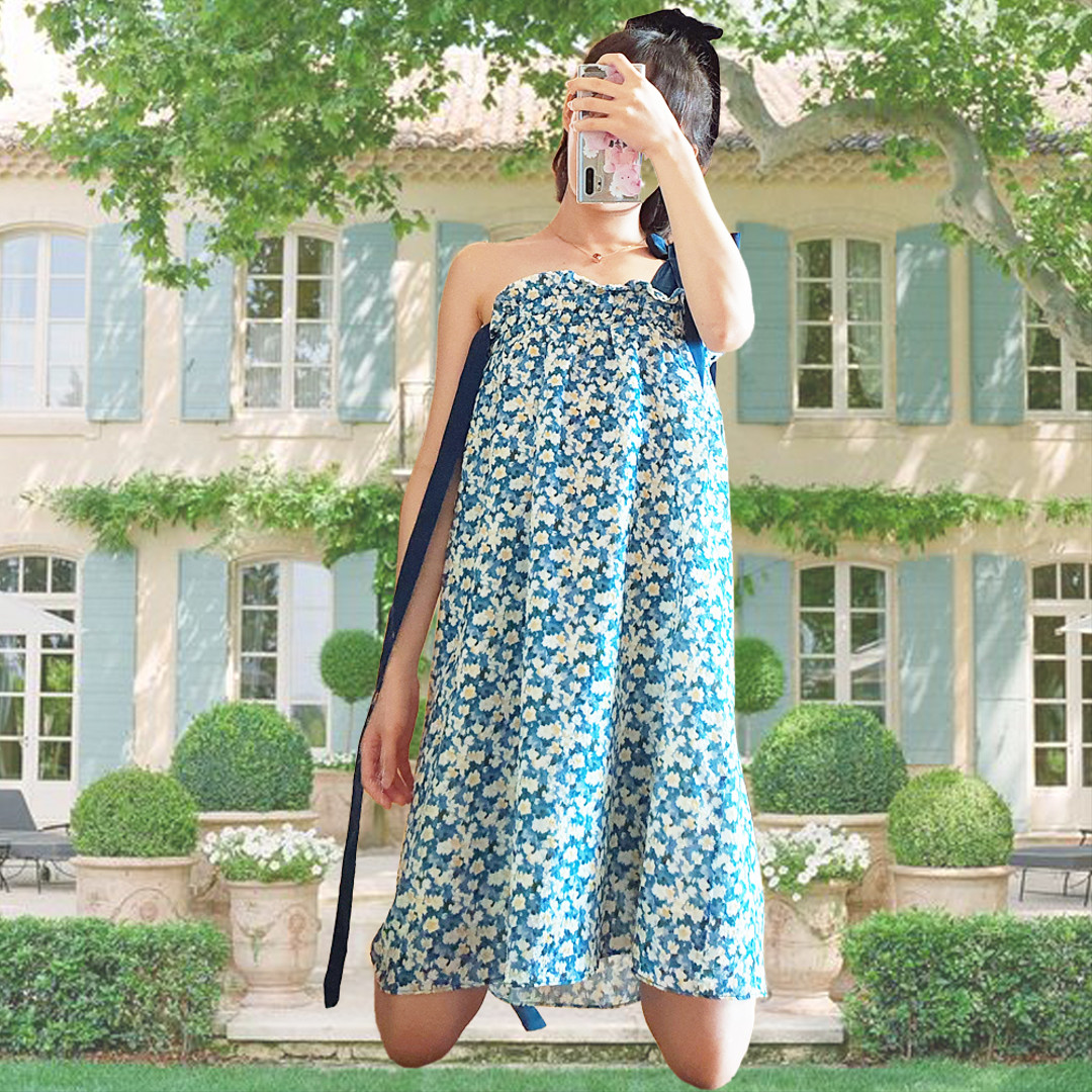 Blue Flower Bustier One-piece Dress Korea Fashion Clothes Style | idus