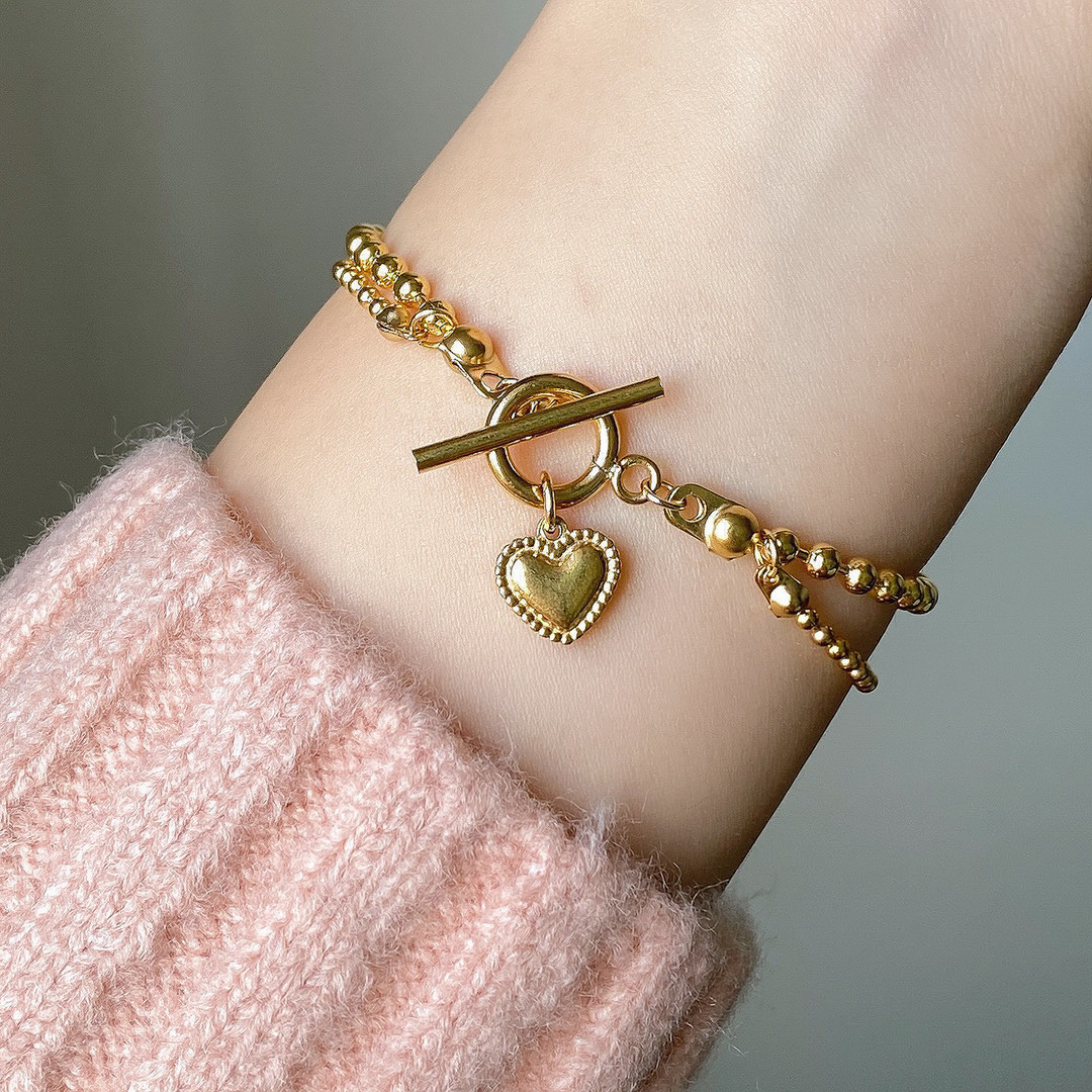 Heart Charm Double Layer Bracelet with Toggle Clasp | idus