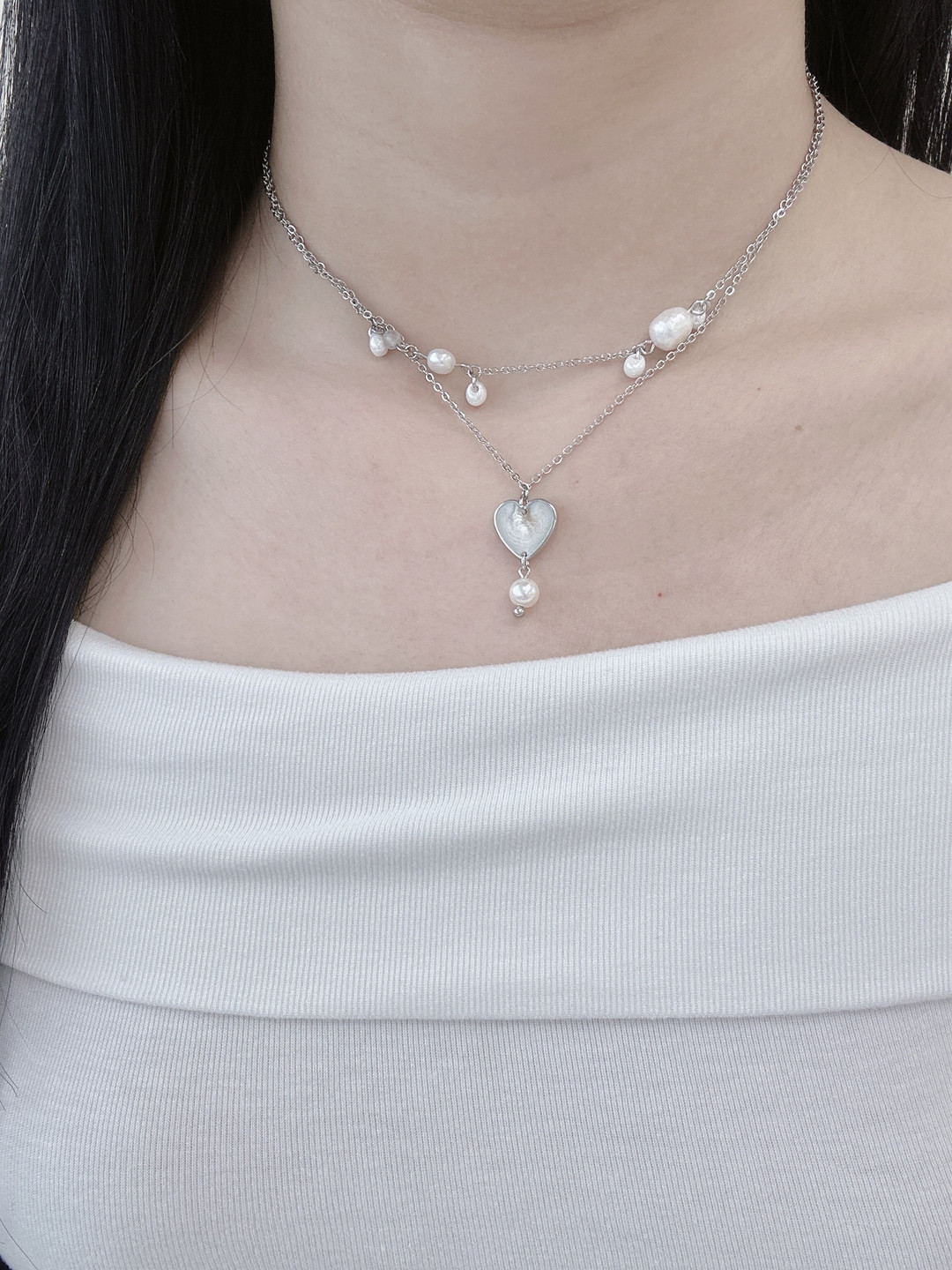 Marble Heart Pendant double chain necklace (Silver color) | idus